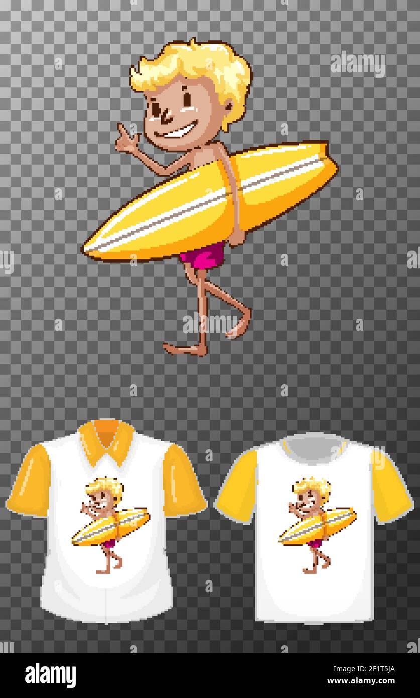A boy holding yellow surf board cartoon character design for t-shirt ...