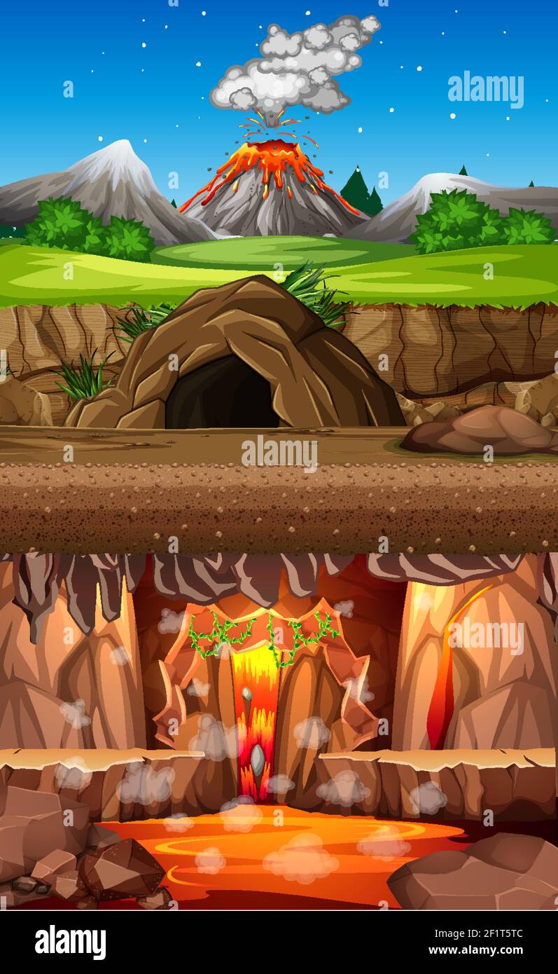 Volcano eruption in nature forest scene at daytime and cave scene and ...