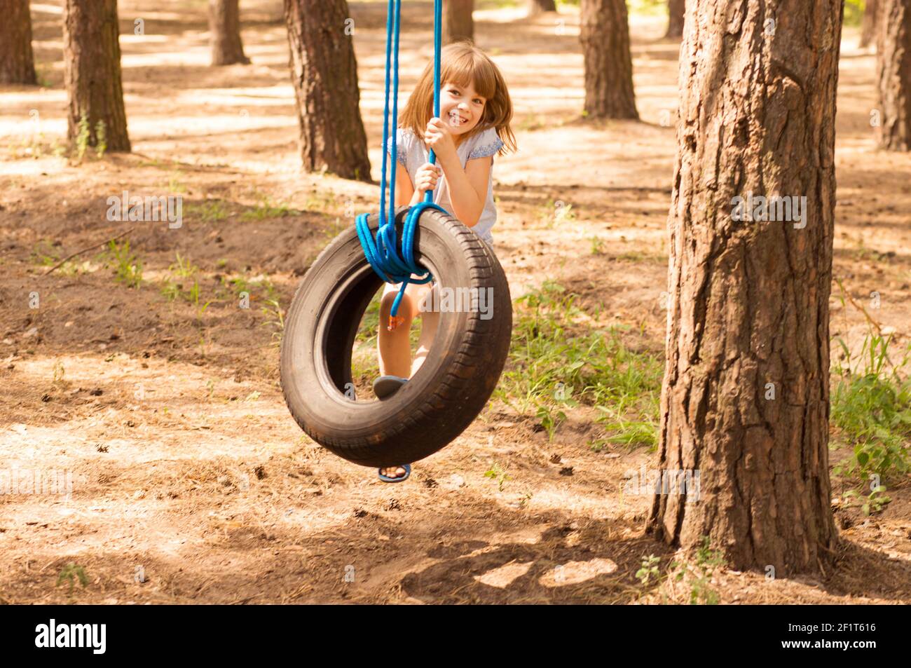 Cute little girl swinging on wheel attached to big tree in autumn ...