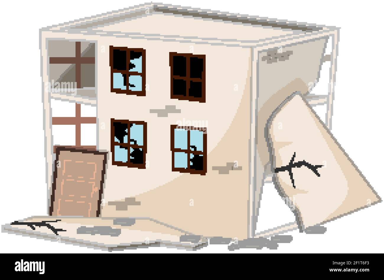 Broken Building damaged by earthquake isolated on white background ...