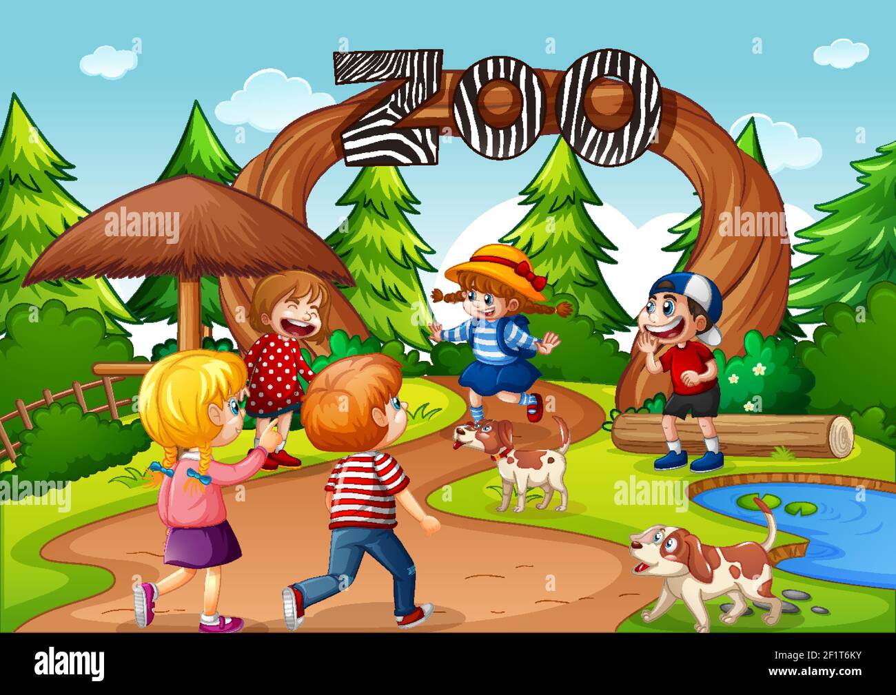 Zoo entrance gate scene with many kids illustration Stock Vector Image ...