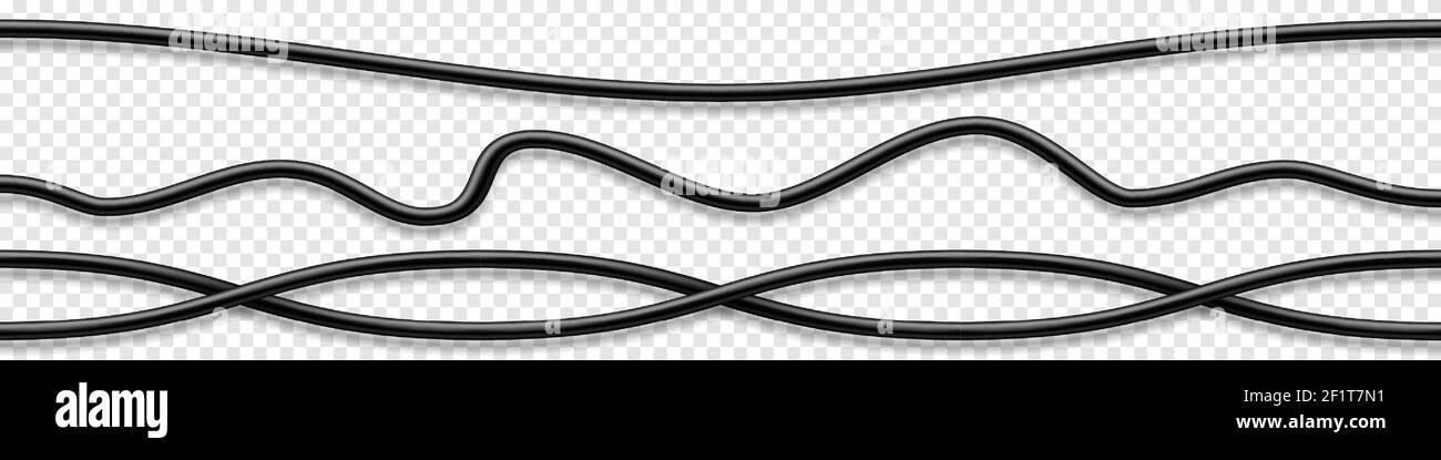 Set of black flexible cables with shadow. Electrical wire. Realistic ...