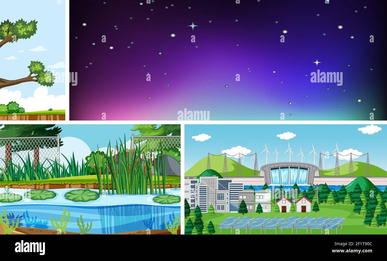 Four different scenes in nature setting cartoon style illustration ...