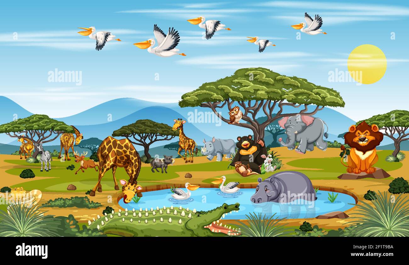 Many different animals in the forest scene illustration Stock Vector ...