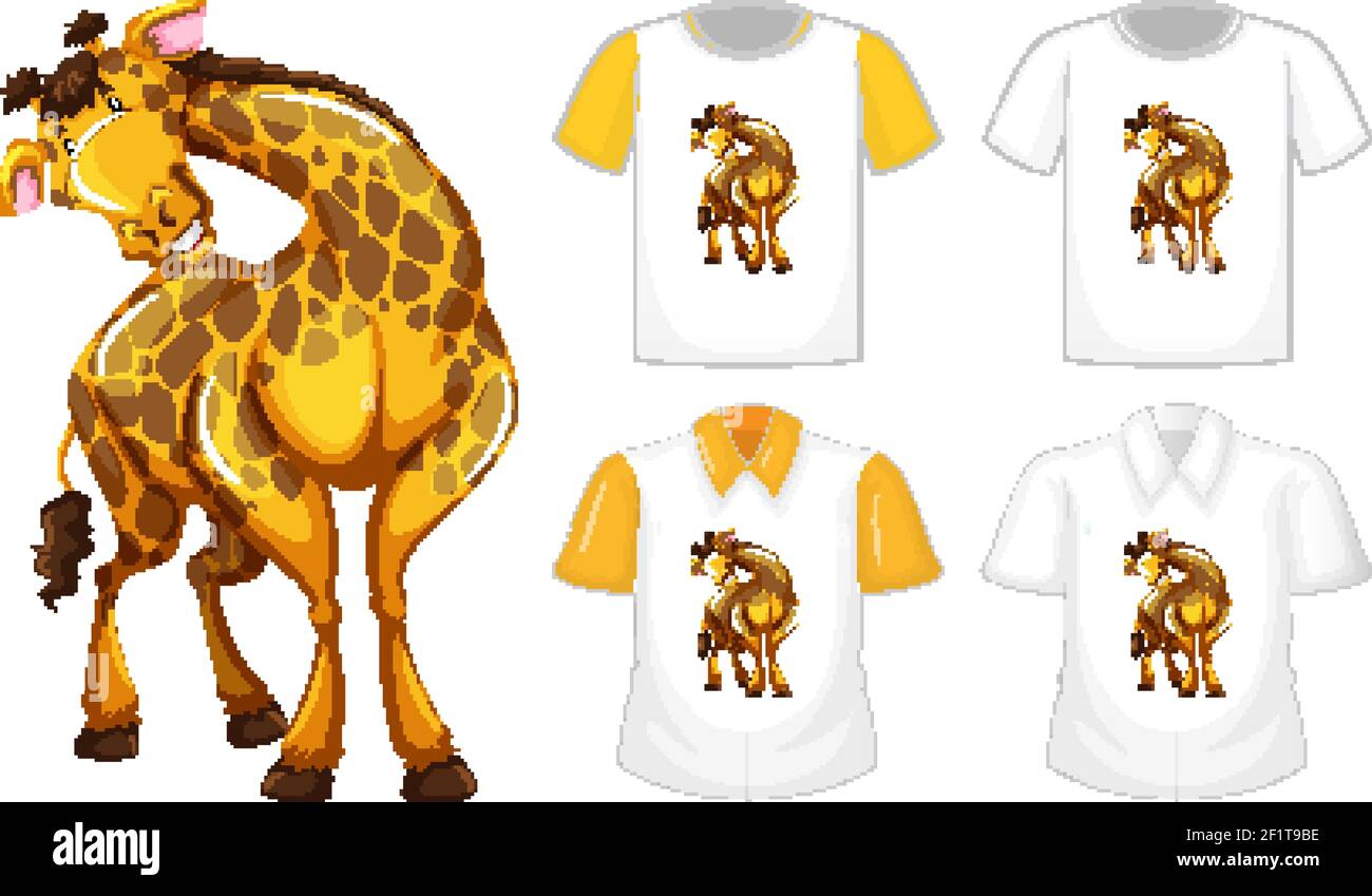 Giraffe in stand position cartoon character with many types of shirts ...