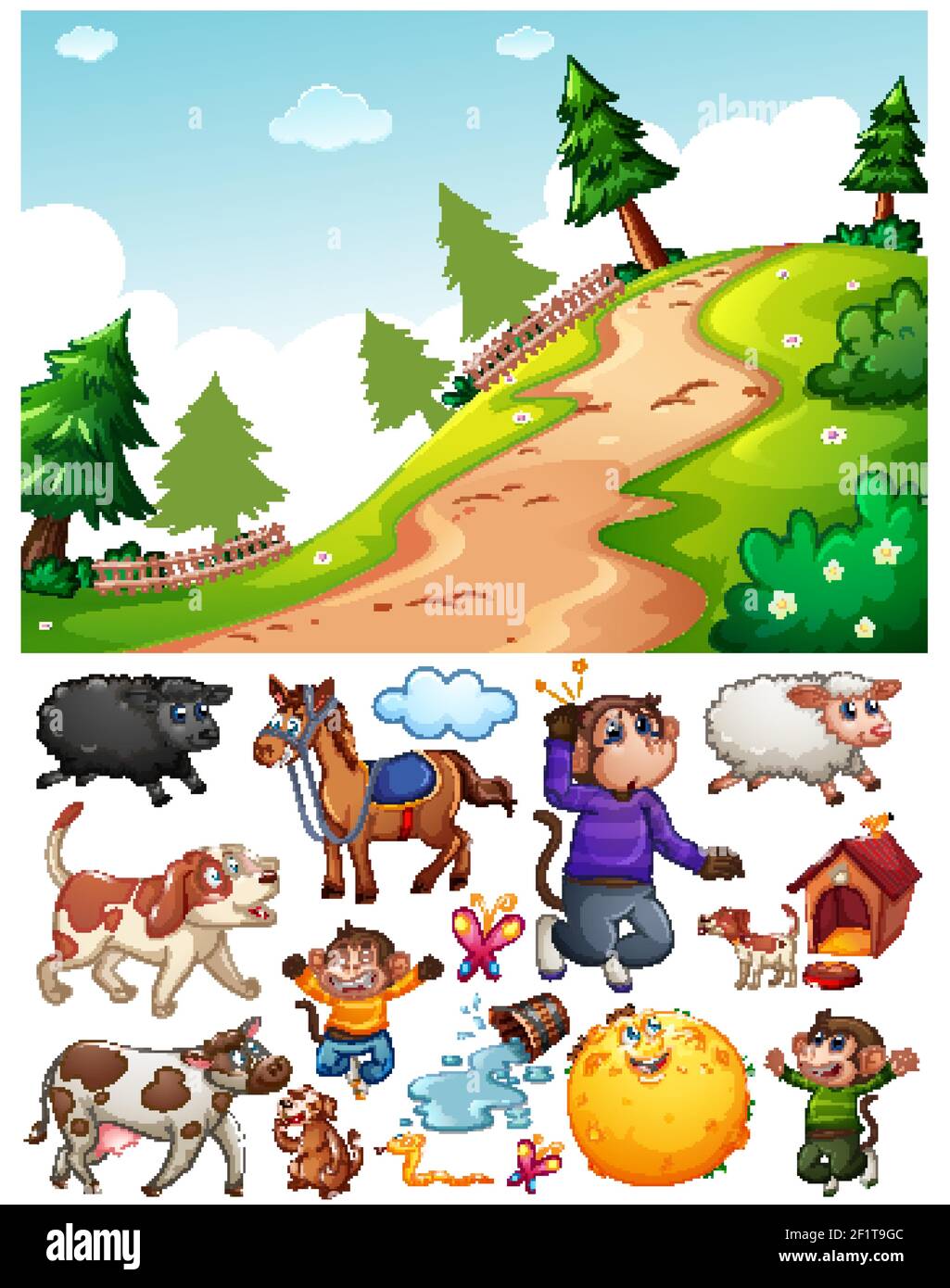 Nature park scene with isolated cartoon character and objects ...