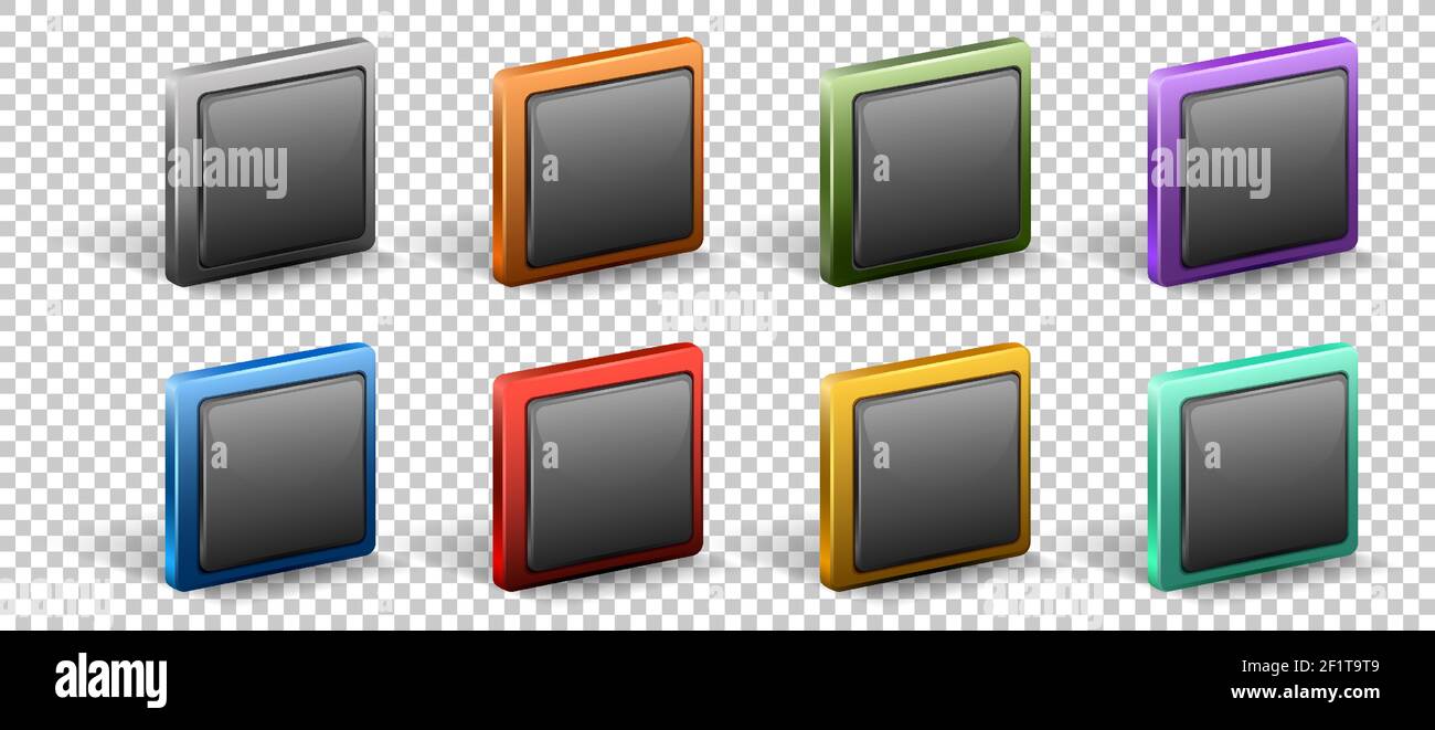 Set of square button with metal frame isolated on white background ...