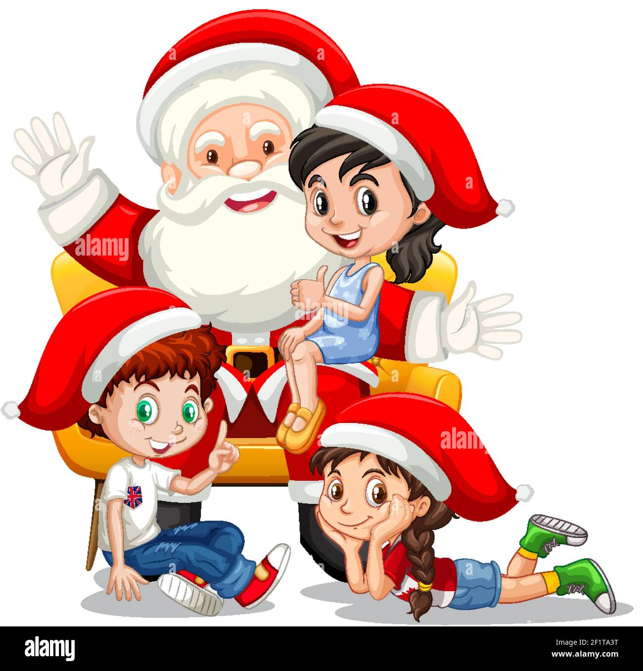 Santa Claus sitting on his lap with many kids on white background ...