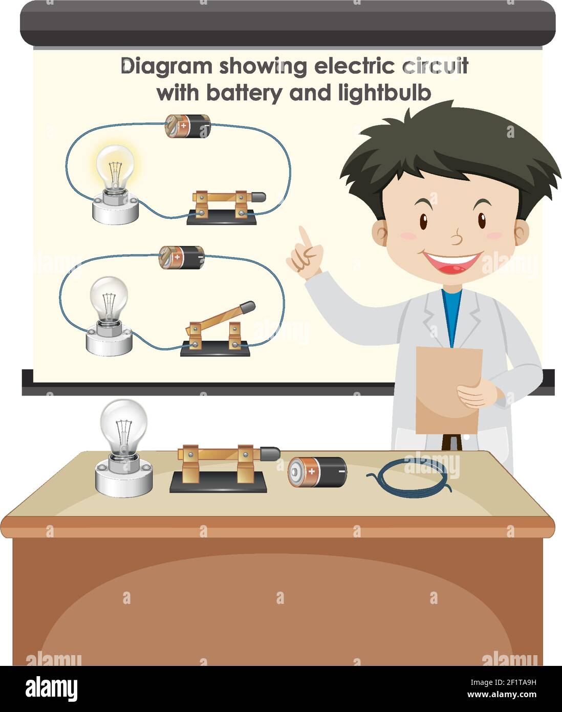 Scientist explaining electric circuit with battery and lightbulb ...