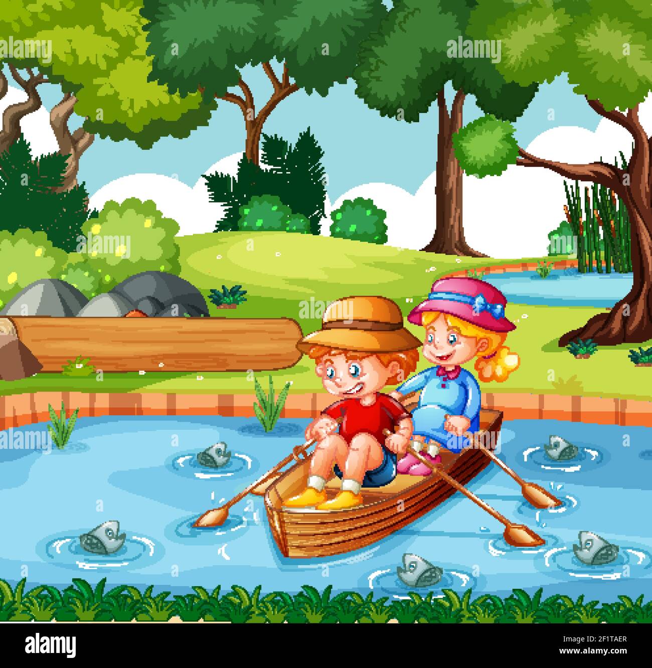 Boy and girl row the boat in the park illustration Stock Vector Image ...