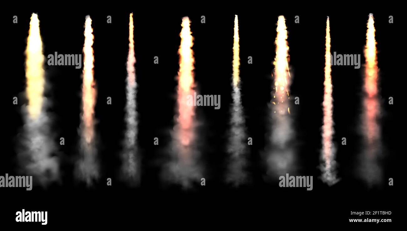 Realistic space rocket launch trails on black background. Fire burst ...