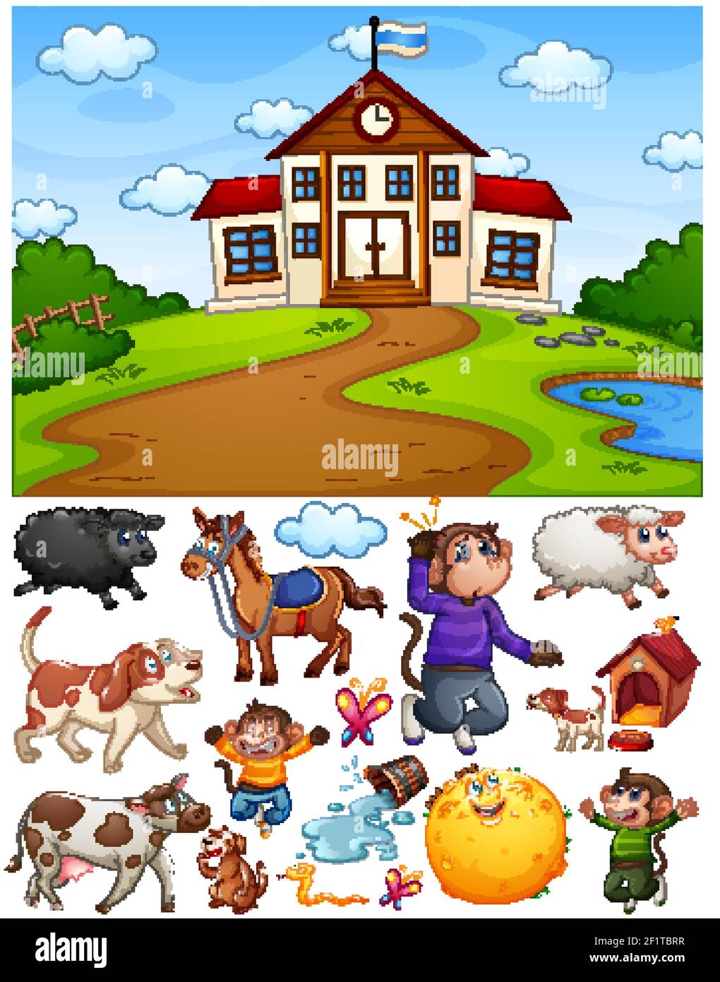 School scene with isolated cartoon character and objects illustration ...