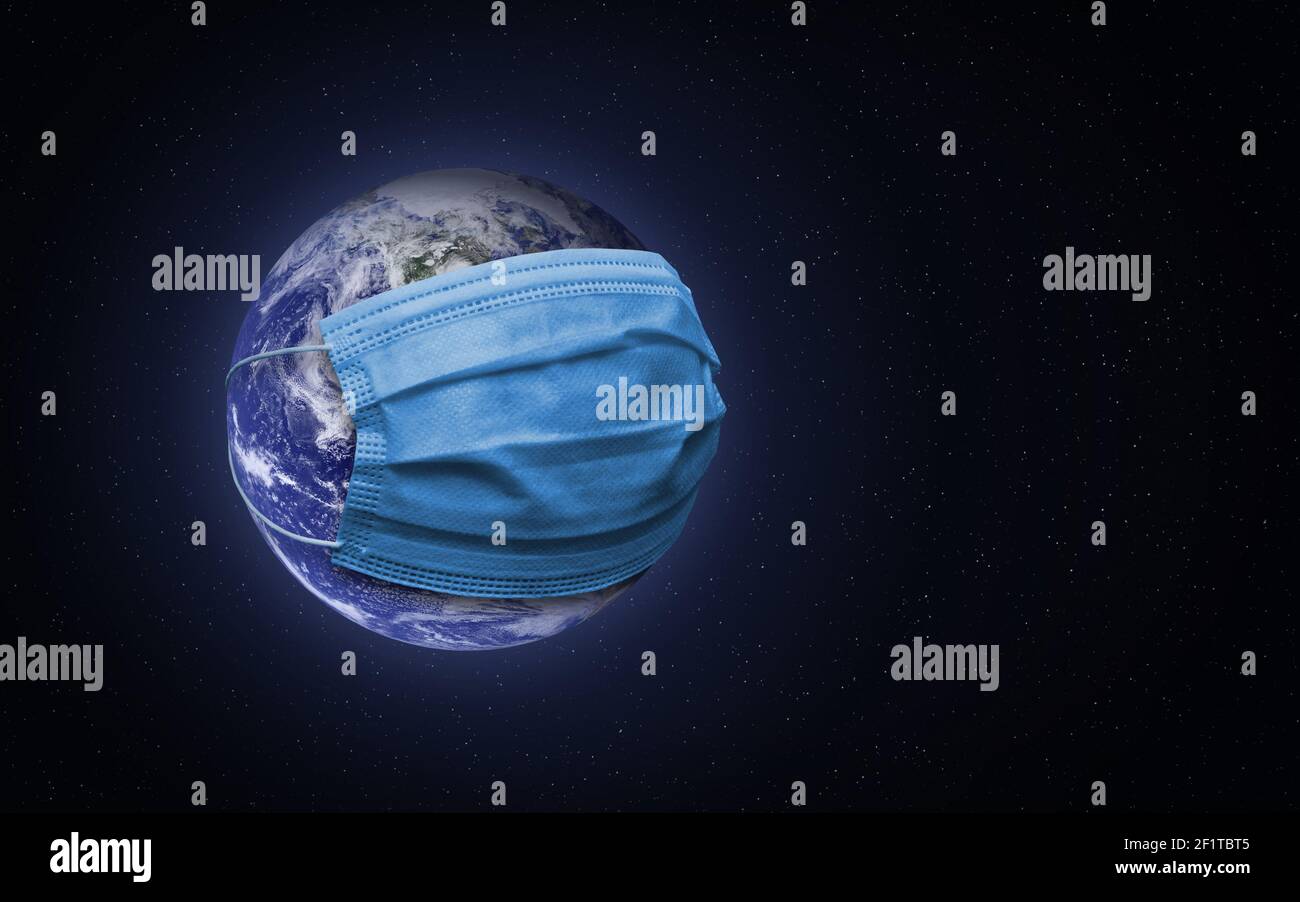 Planet Earth with face mask, with copy space. World Epidemic Danger ...