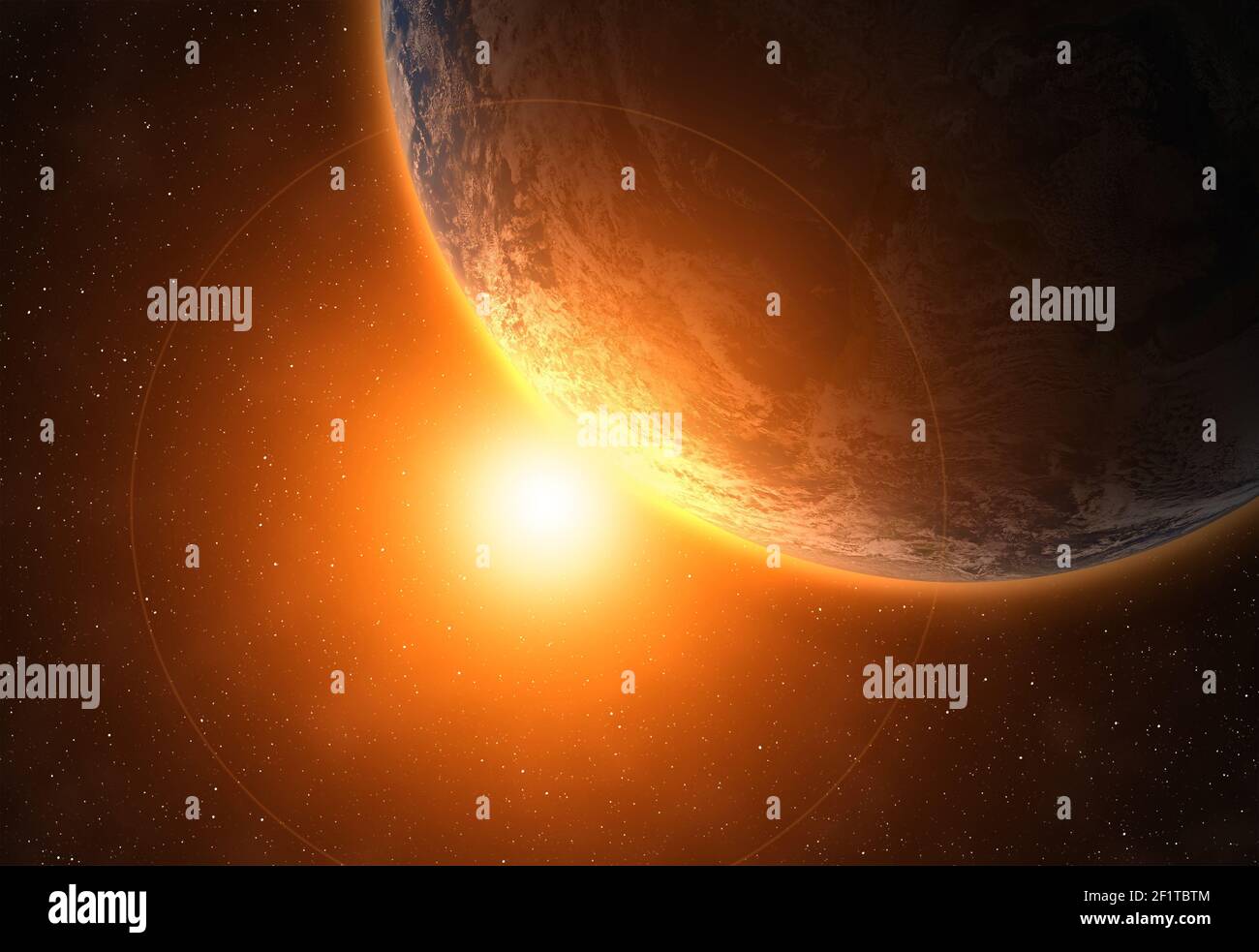 Planet Earth in cosmos and bright Sun. Elements of this image furnished ...