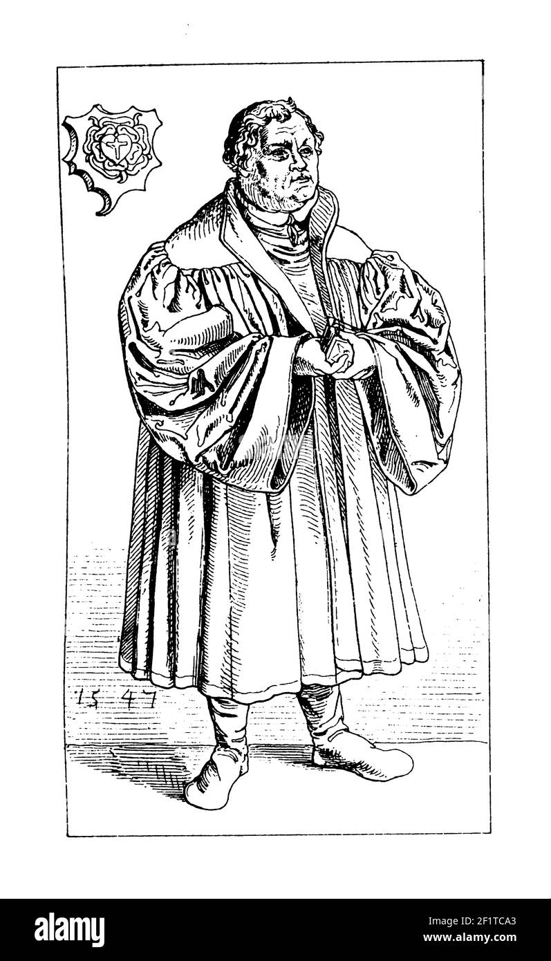 Antique illustration of a portrait of Martin Luther, initiator of the ...