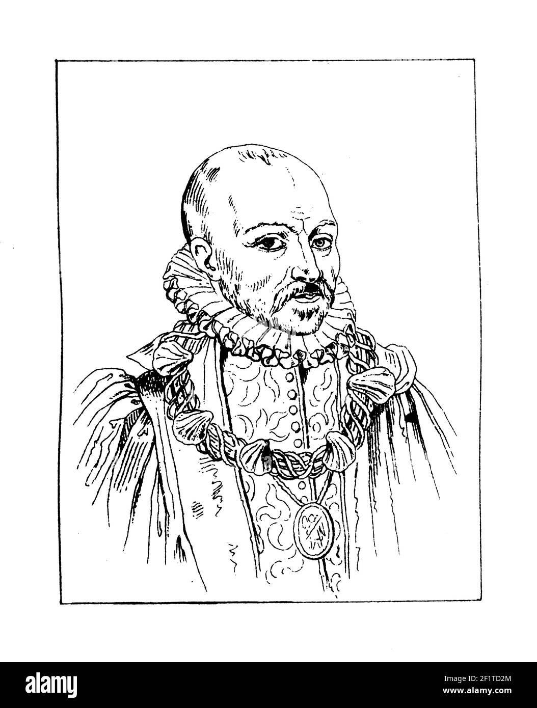 Antique illustration of a portrait of Michel de Montaigne, French ...