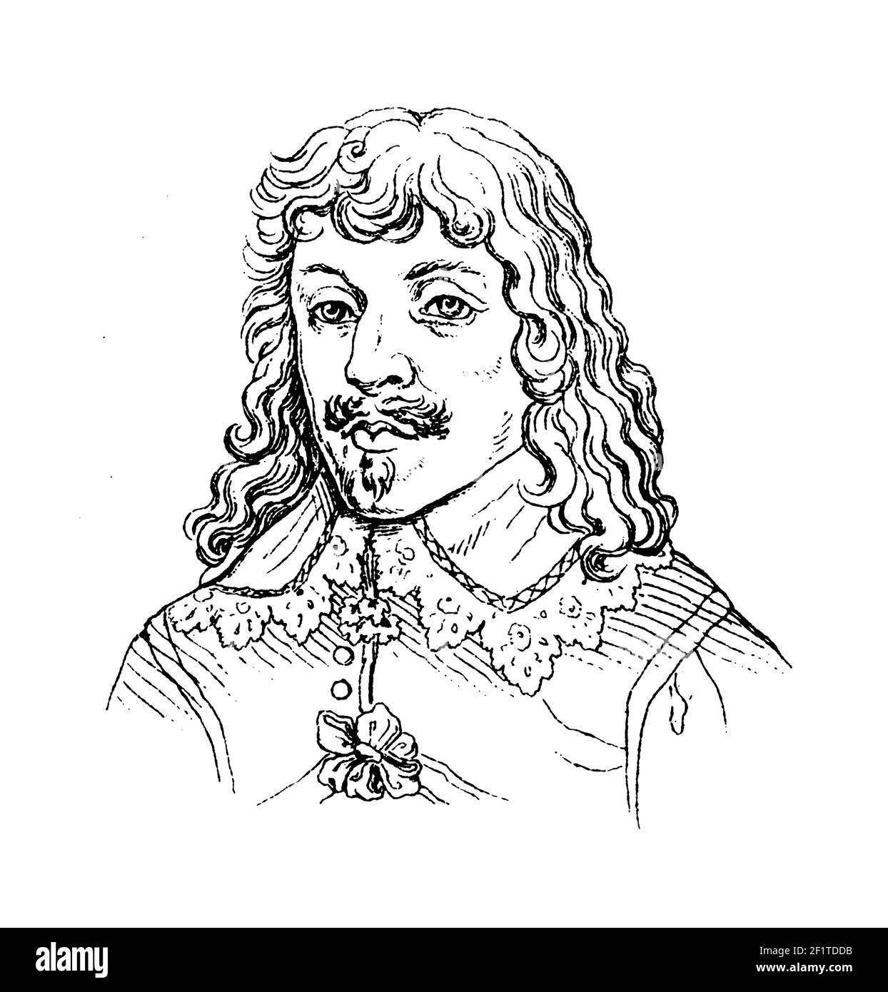 Antique engraving of a portrait of Paul Fleming, German poet. He was ...