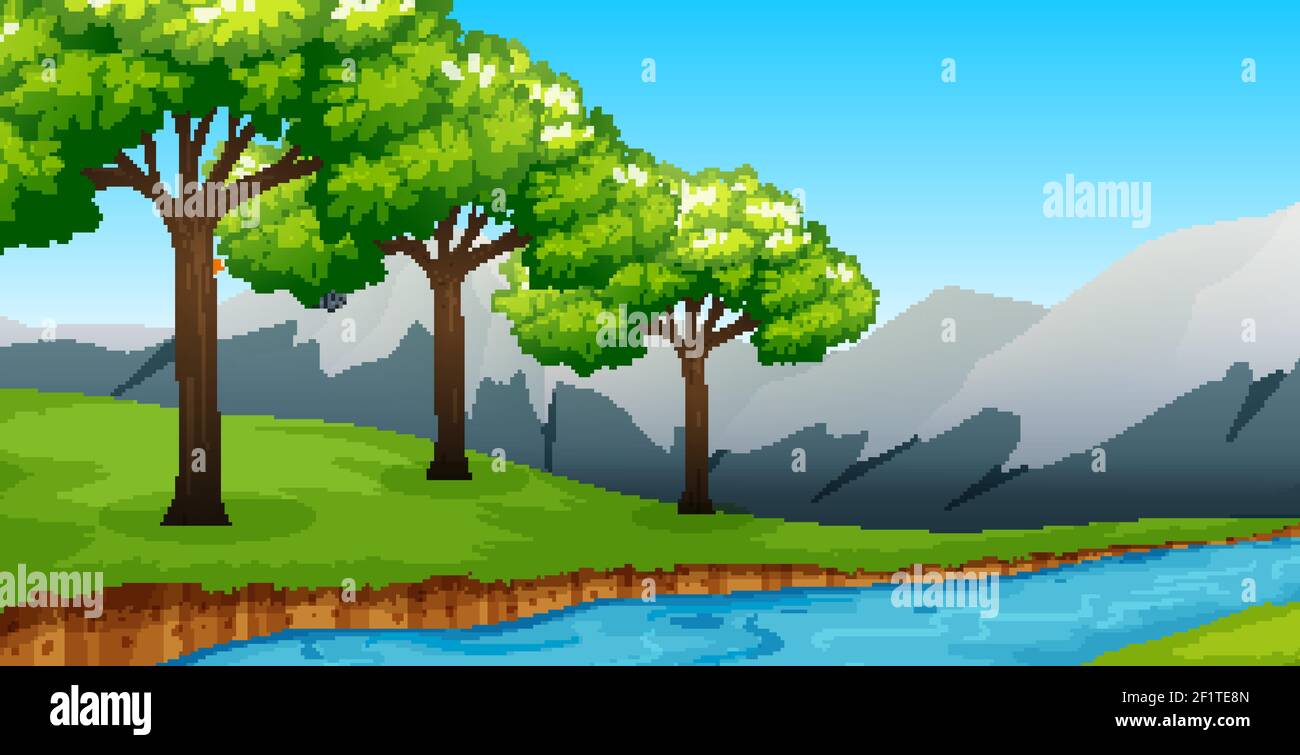 Forest background scene with many tree and river illustration Stock ...