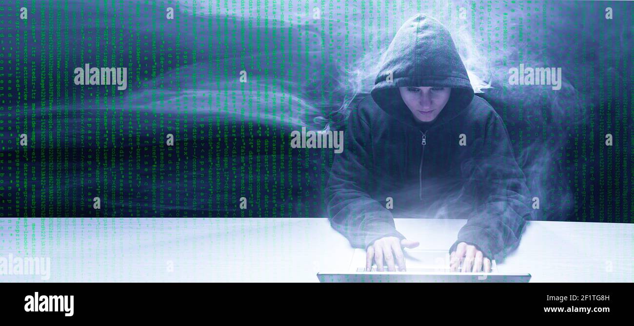 matrix style graphic image of a big data hacker with laptop code ...