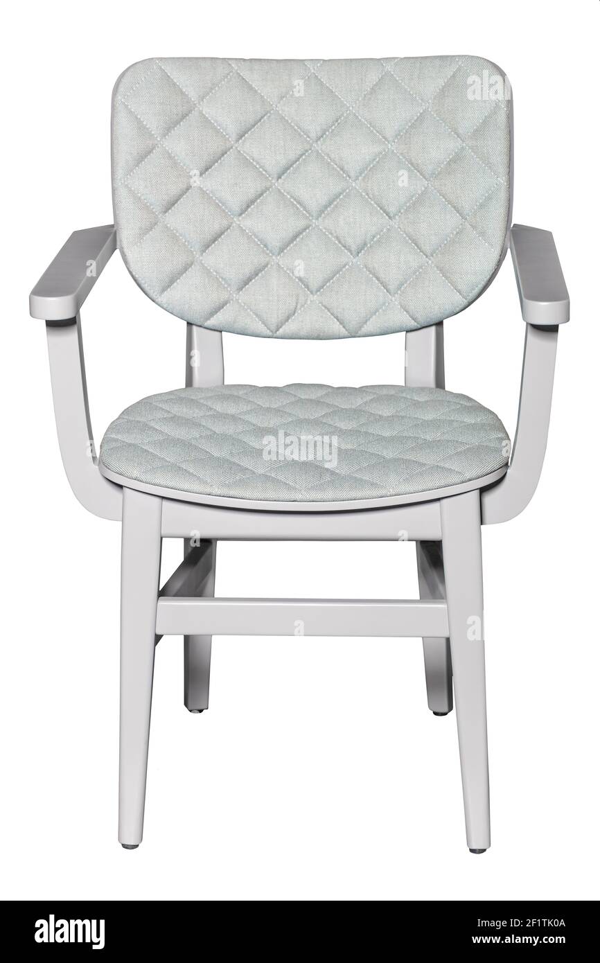 White wooden chair with quilted fabric upholstered seat and back ...