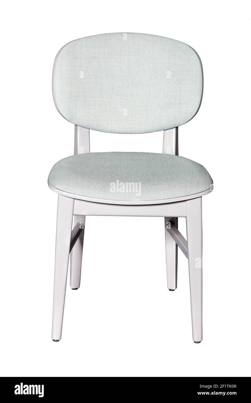 White wooden chair with seat and back upholstered in light fabric ...