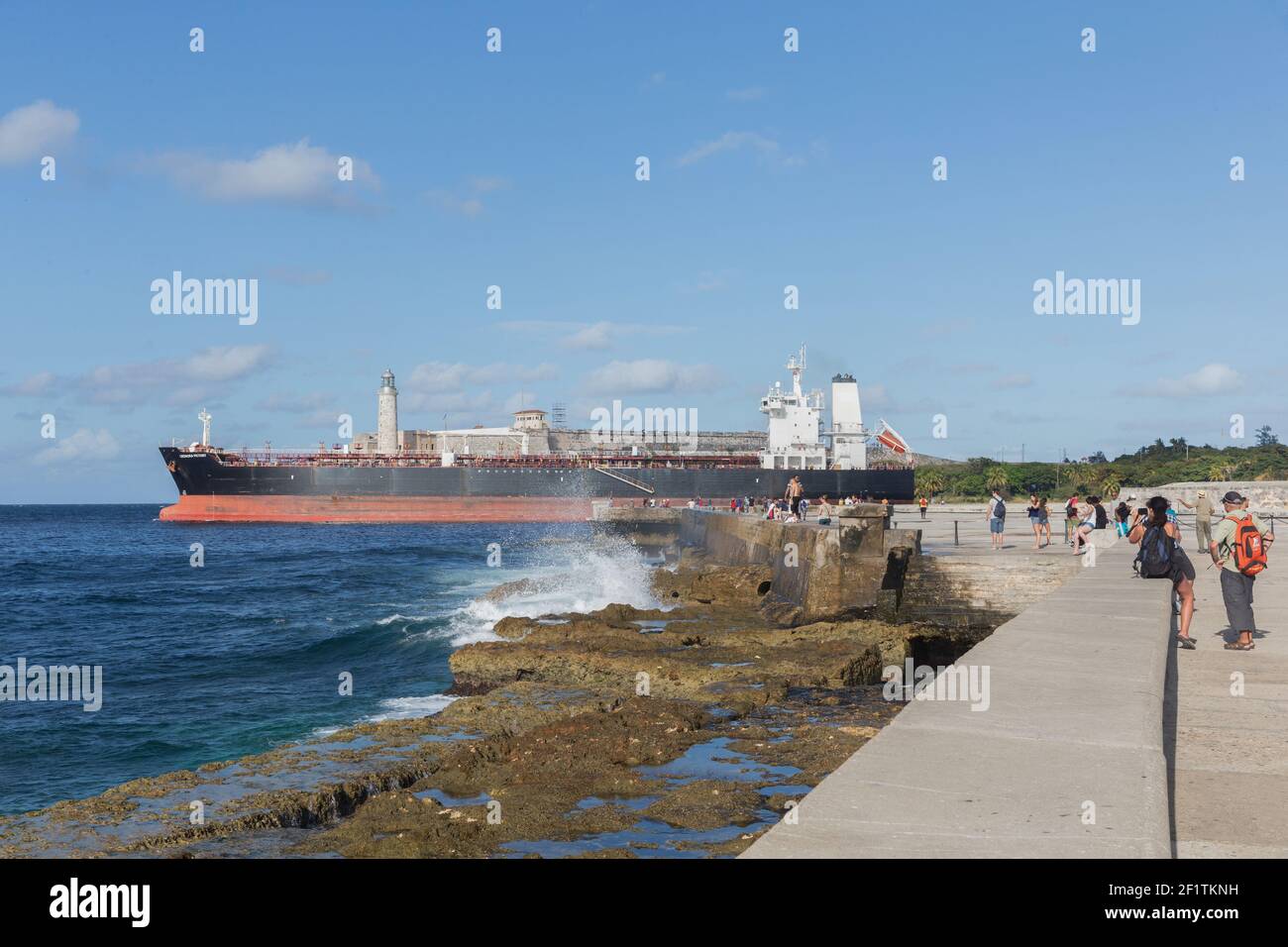 Cuba, Havana - Large oil tanker passes through the Harbor Channel as ...