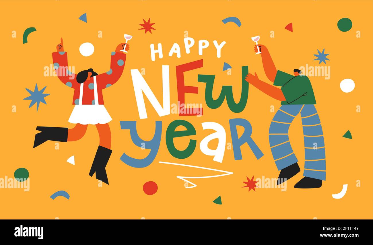Happy New Year greeting card illustration, trendy flat cartoon couple ...