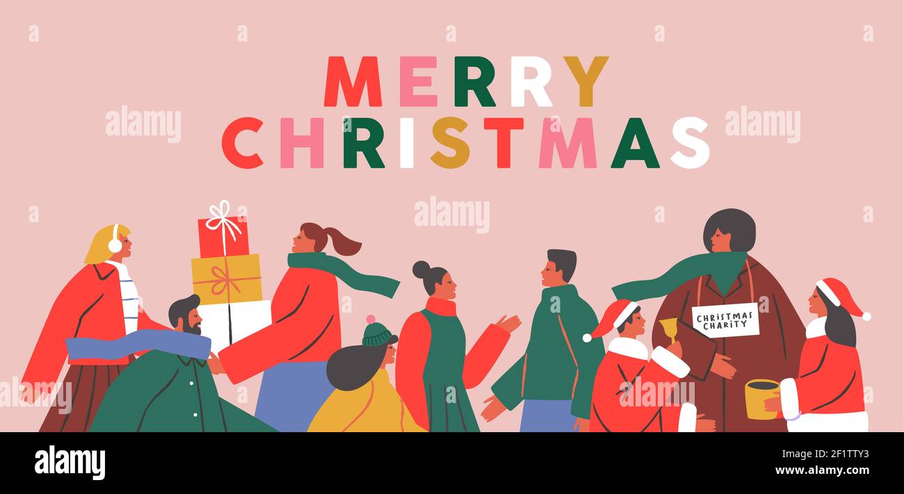 Merry Christmas greeting card illustration. Diverse people crowd doing ...