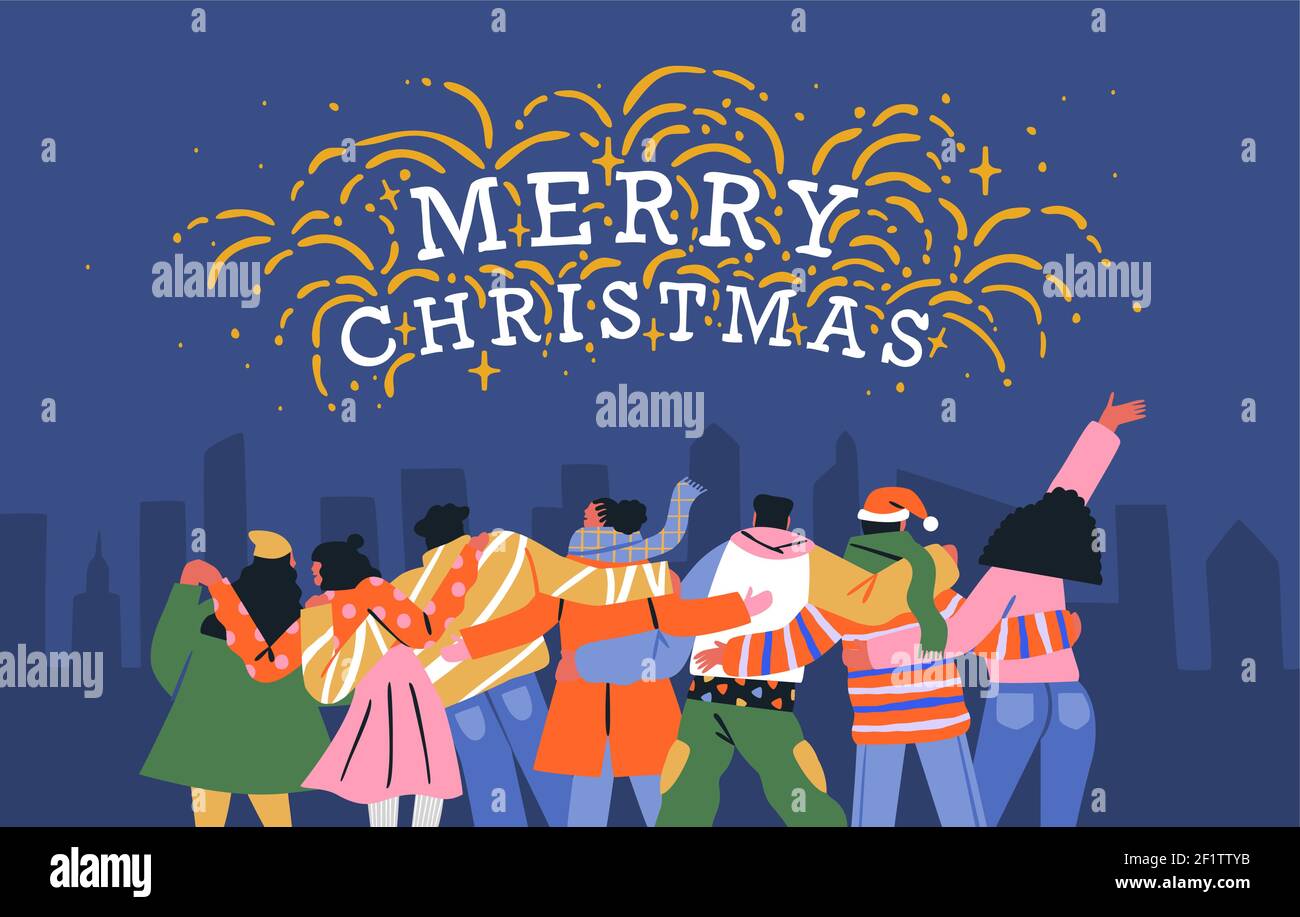 Merry Christmas greeting card illustration of diverse friend group in ...
