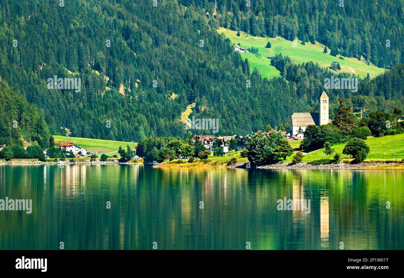 Church in Reschen am See or Resia, a village on Lake Reschen in South ...