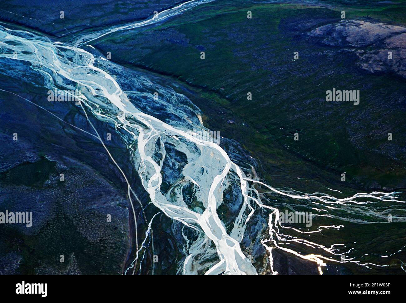 Aerial view of remote river between Provideniya & Egvekinot; Siberia ...
