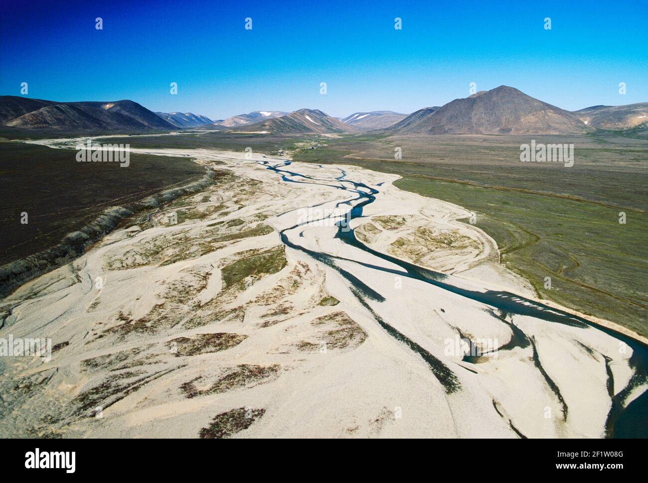 Aerial view of remote river between Provideniya & Egvekinot; Siberia ...