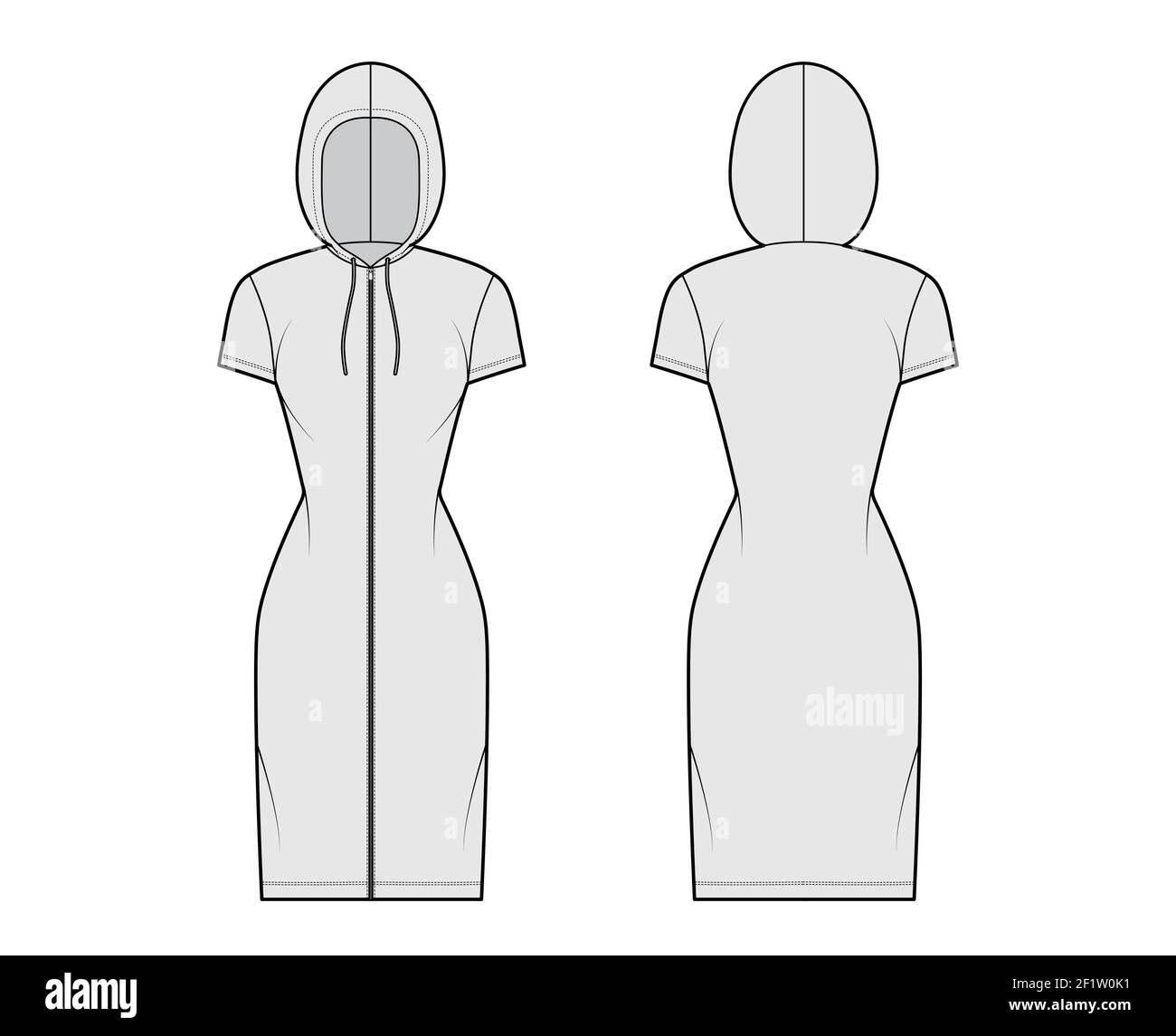 Zip-up Hoody dress technical fashion illustration with short sleeves ...