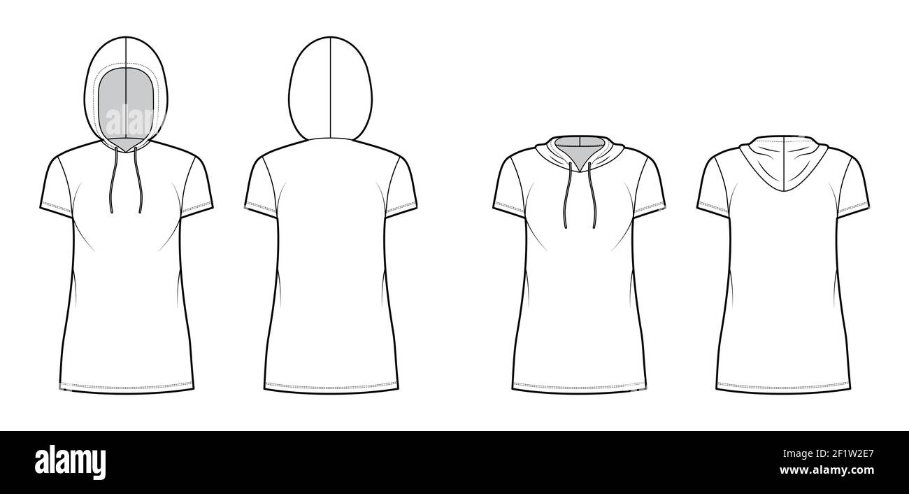 Set of Hoody dresses technical fashion illustration with short sleeves ...