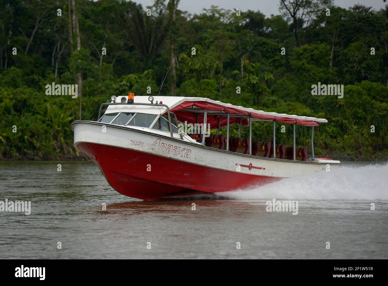 Passenger boat Apaika running up the Rio Napo, Orellana, Ecuador Stock ...