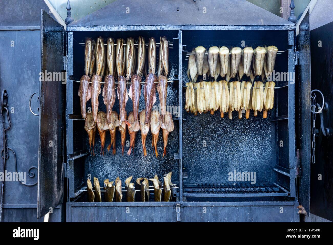 A close up of smokers or roasting ovens with different types of fish ...
