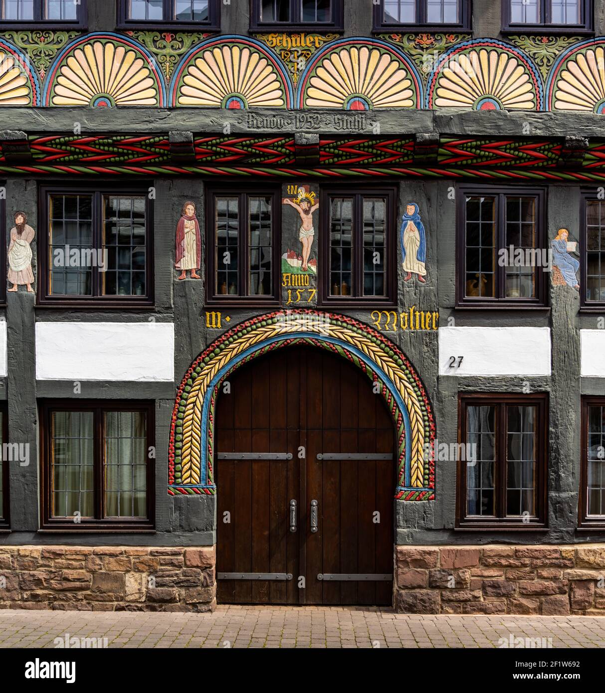 Detail architectural view of the historic Adam and Eva house in Hoexter ...