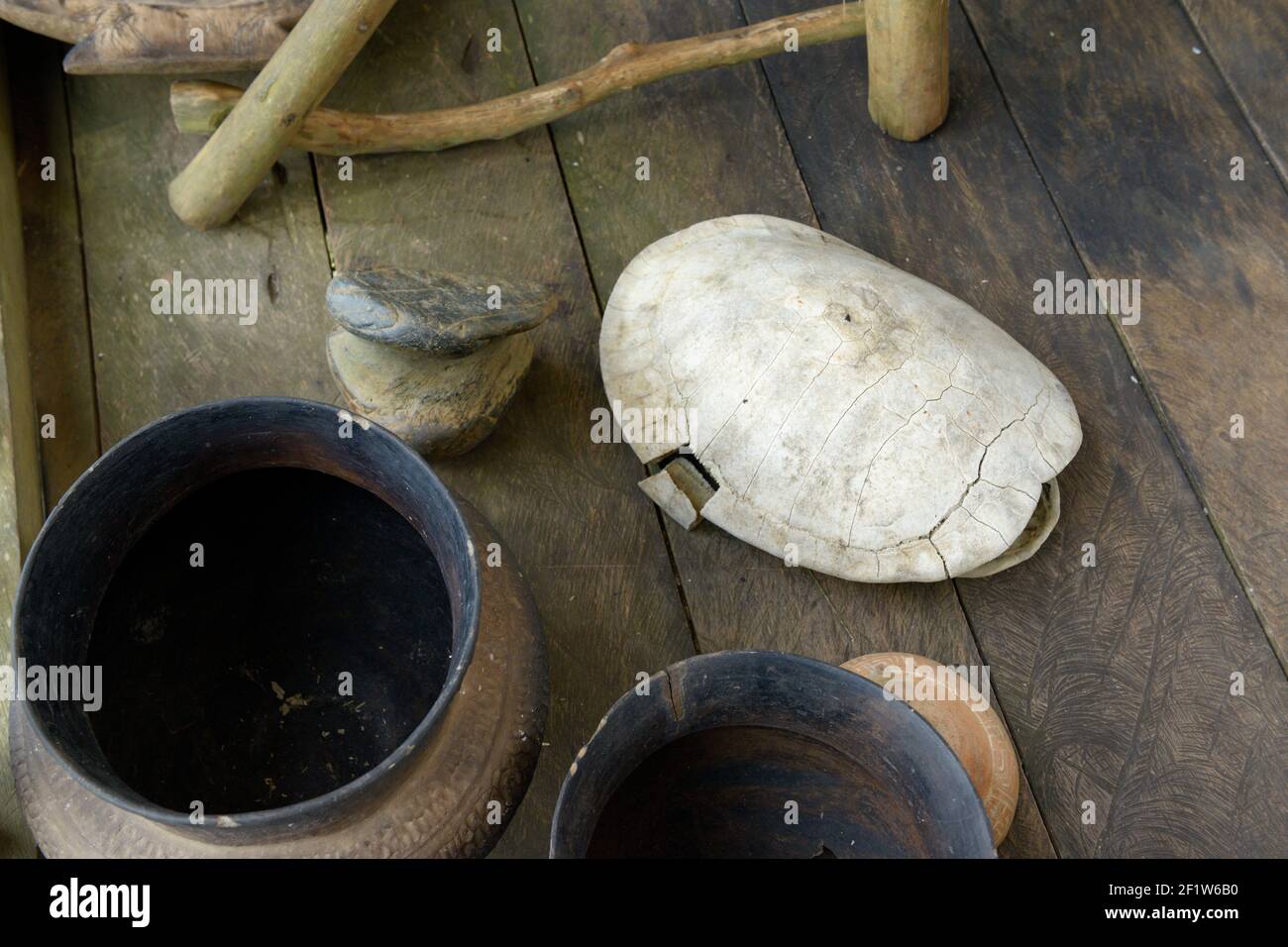 Turtle shell and pottery vessels, Kichwa community of Sani Isla in the ...
