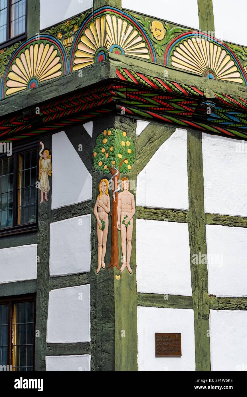 Detail architectural view of the historic Adam and Eva house in Hoexter ...