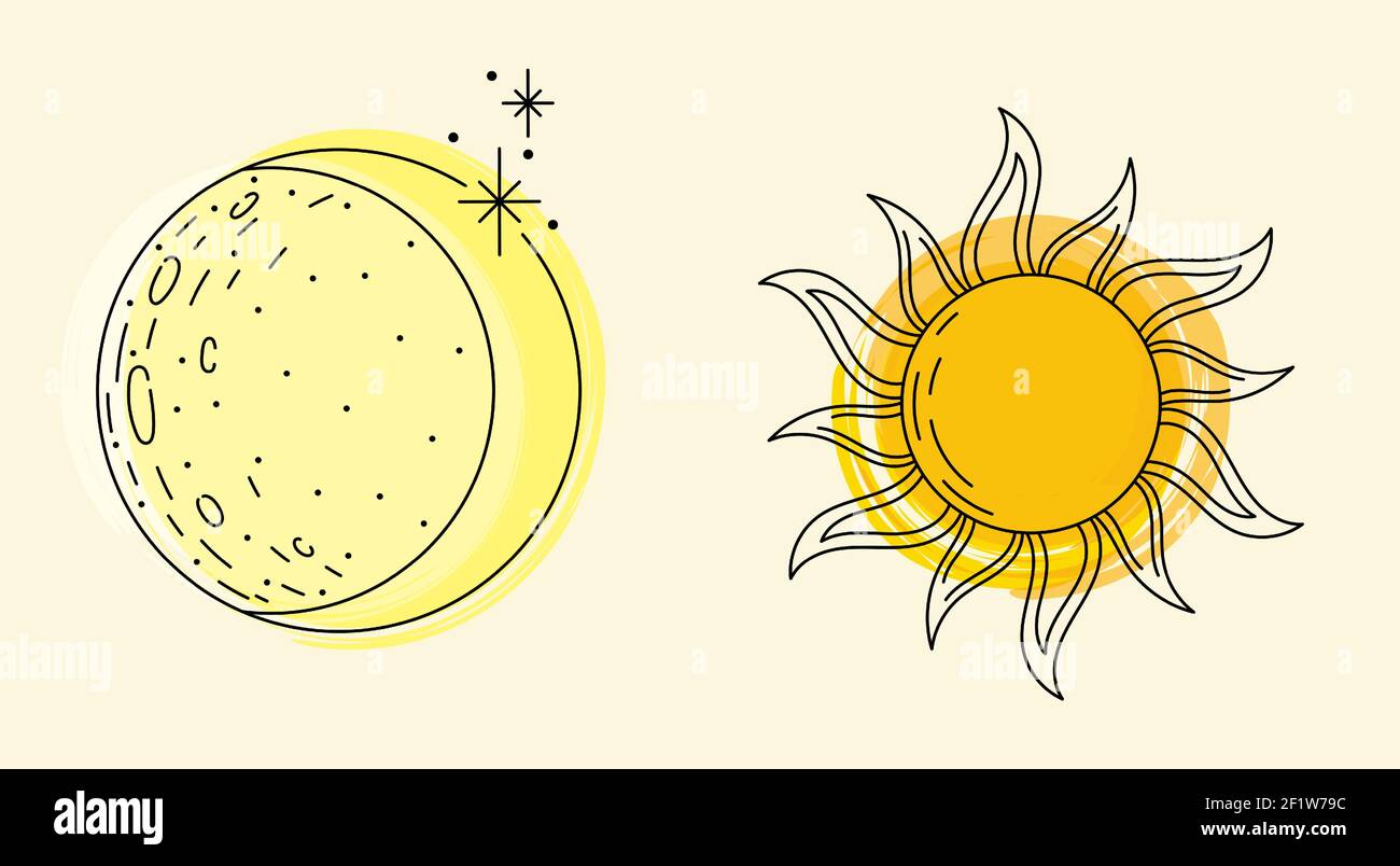 Colorful vector lineart illustration moon and sun with spots of paint ...