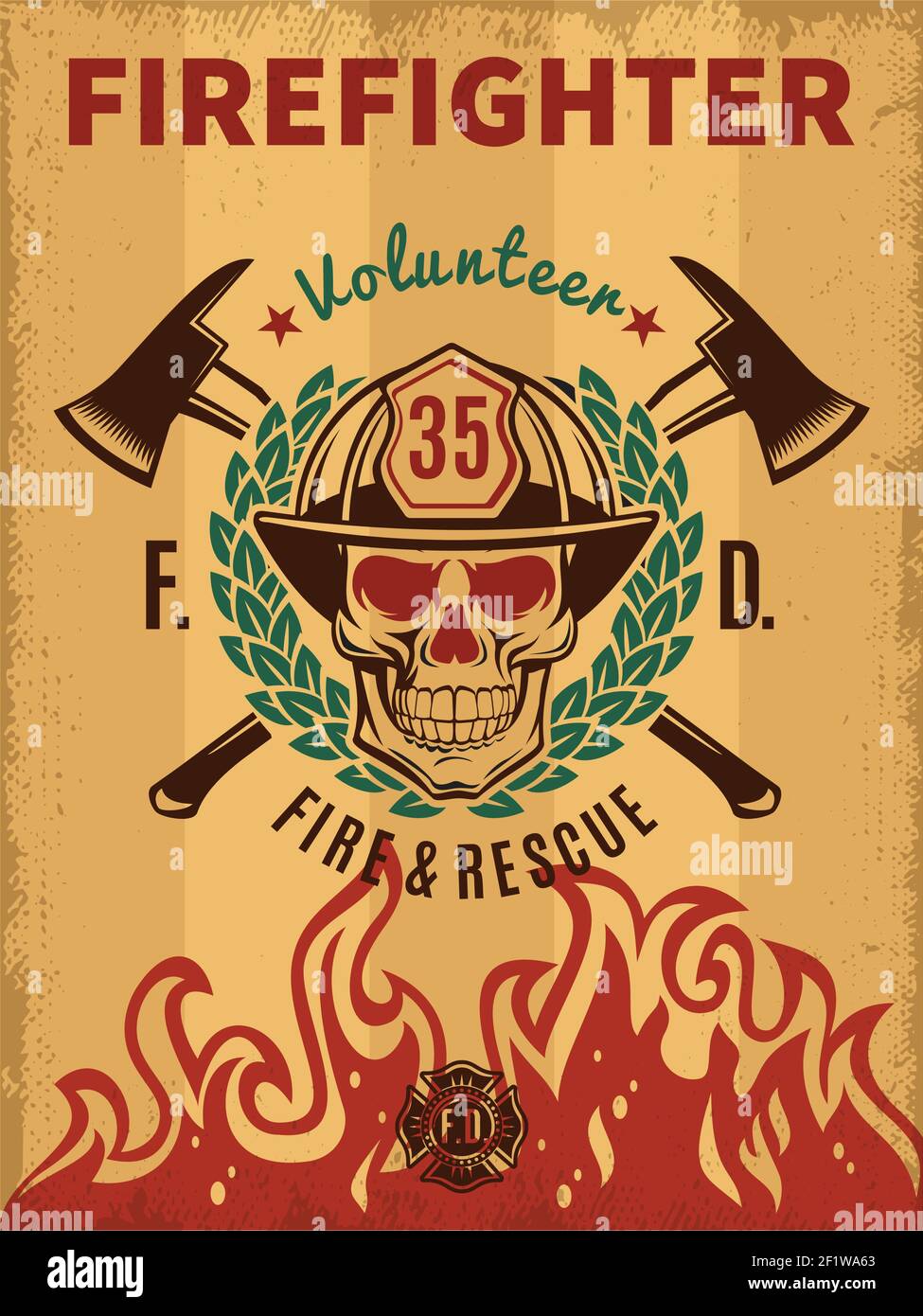 Vintage firefighter poster with skull in helmet flame laurel wreath and ...