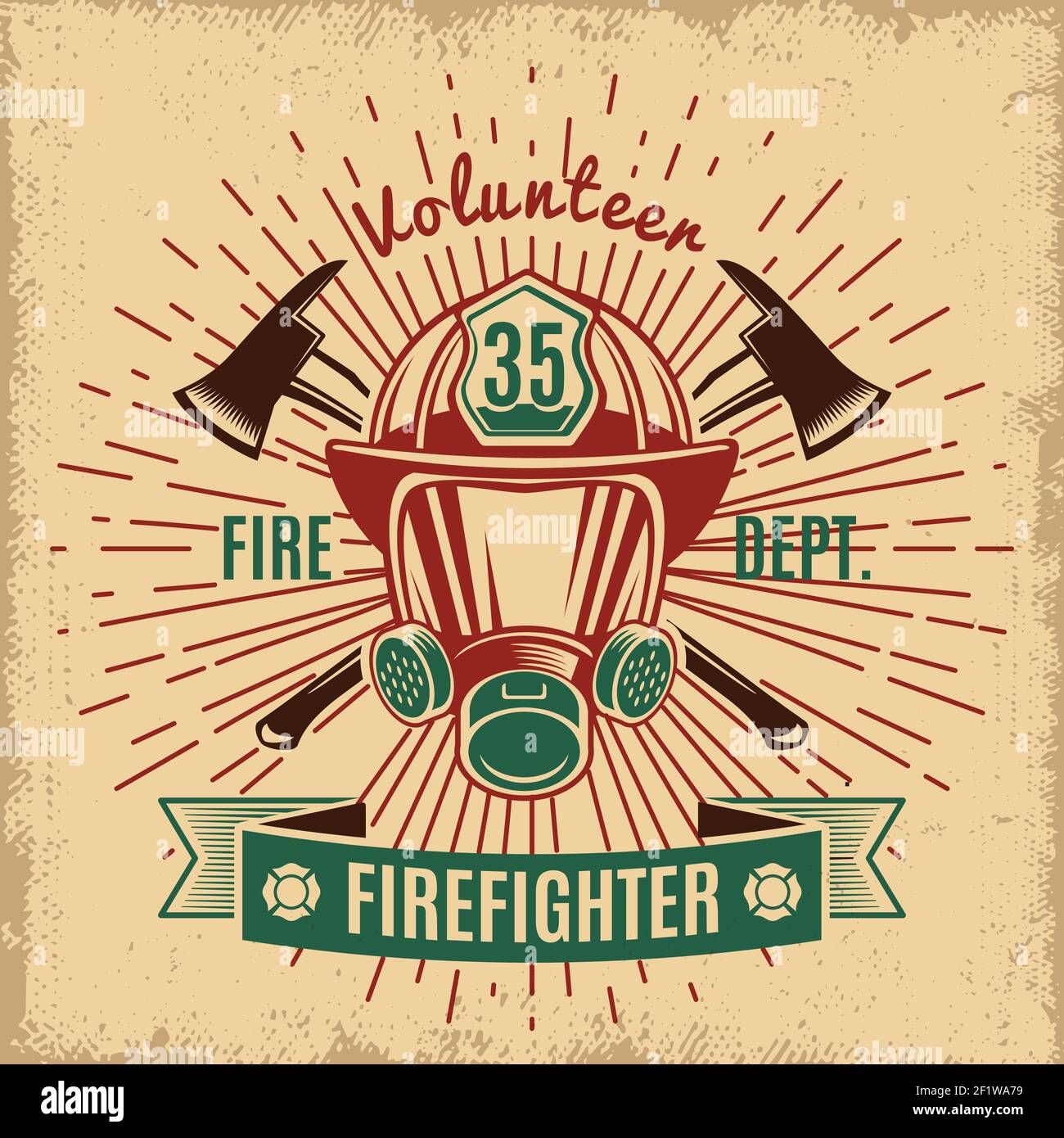 Vintage firefighting label with fireman rescue mask crossed axes and ...