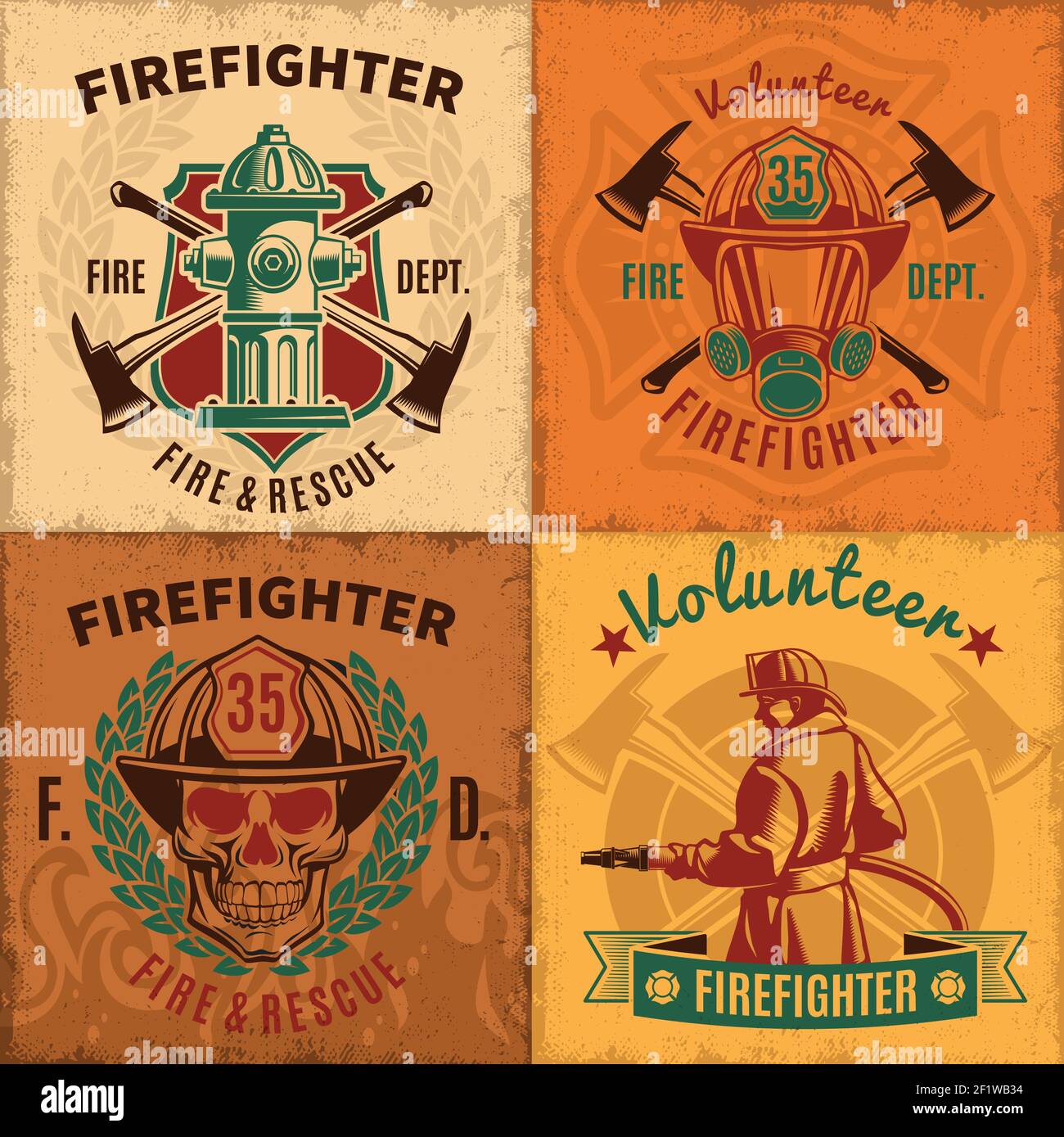 Vintage firefighting emblems set with fireman skull helmet mask hydrant ...