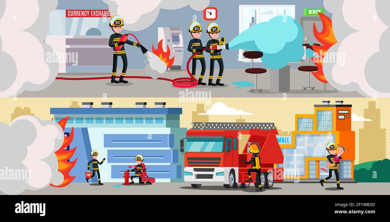 Rescue service colorful horizontal banners with firefighters ...