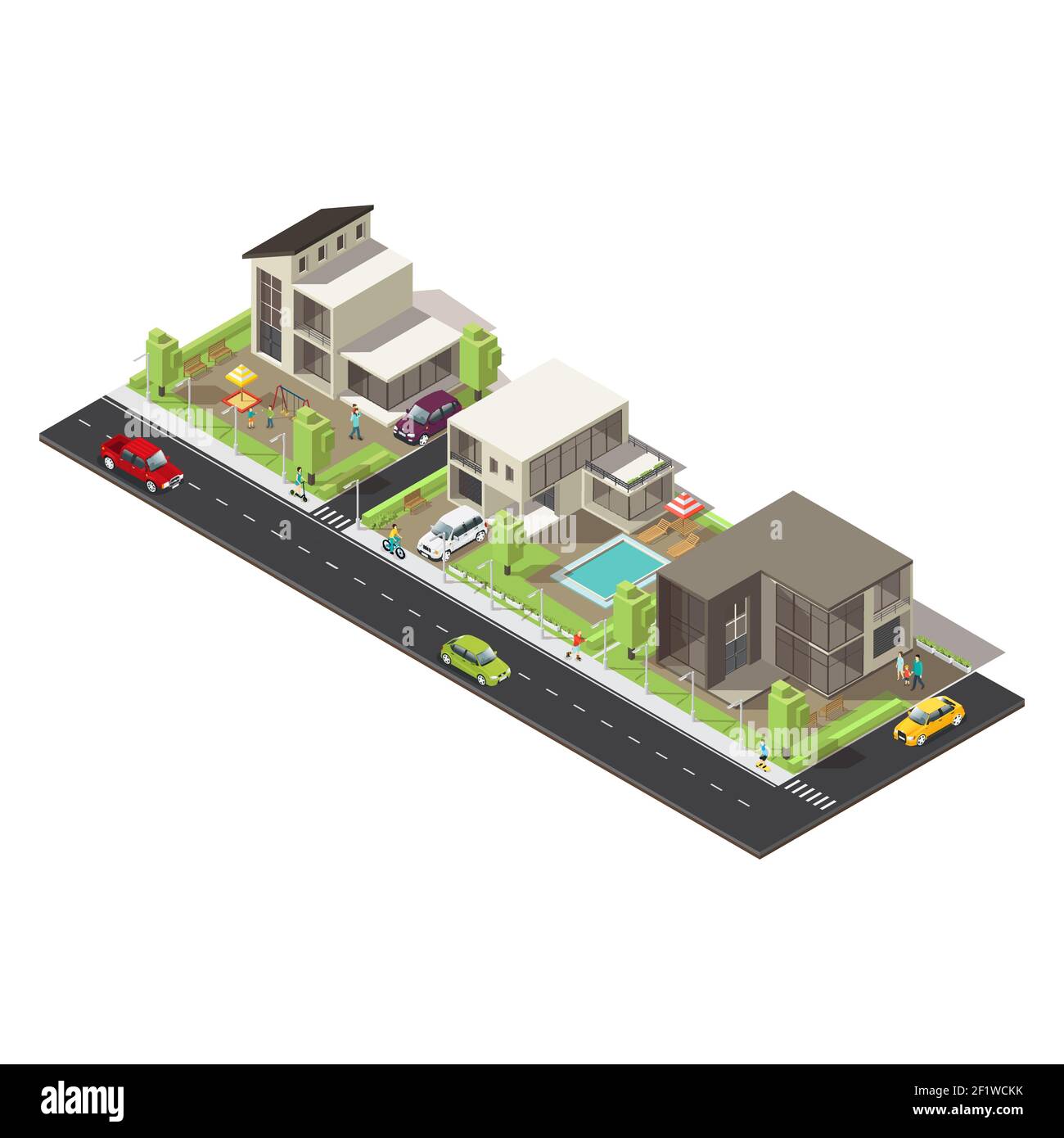 Isometric suburban district concept with mansions cottages people trees ...