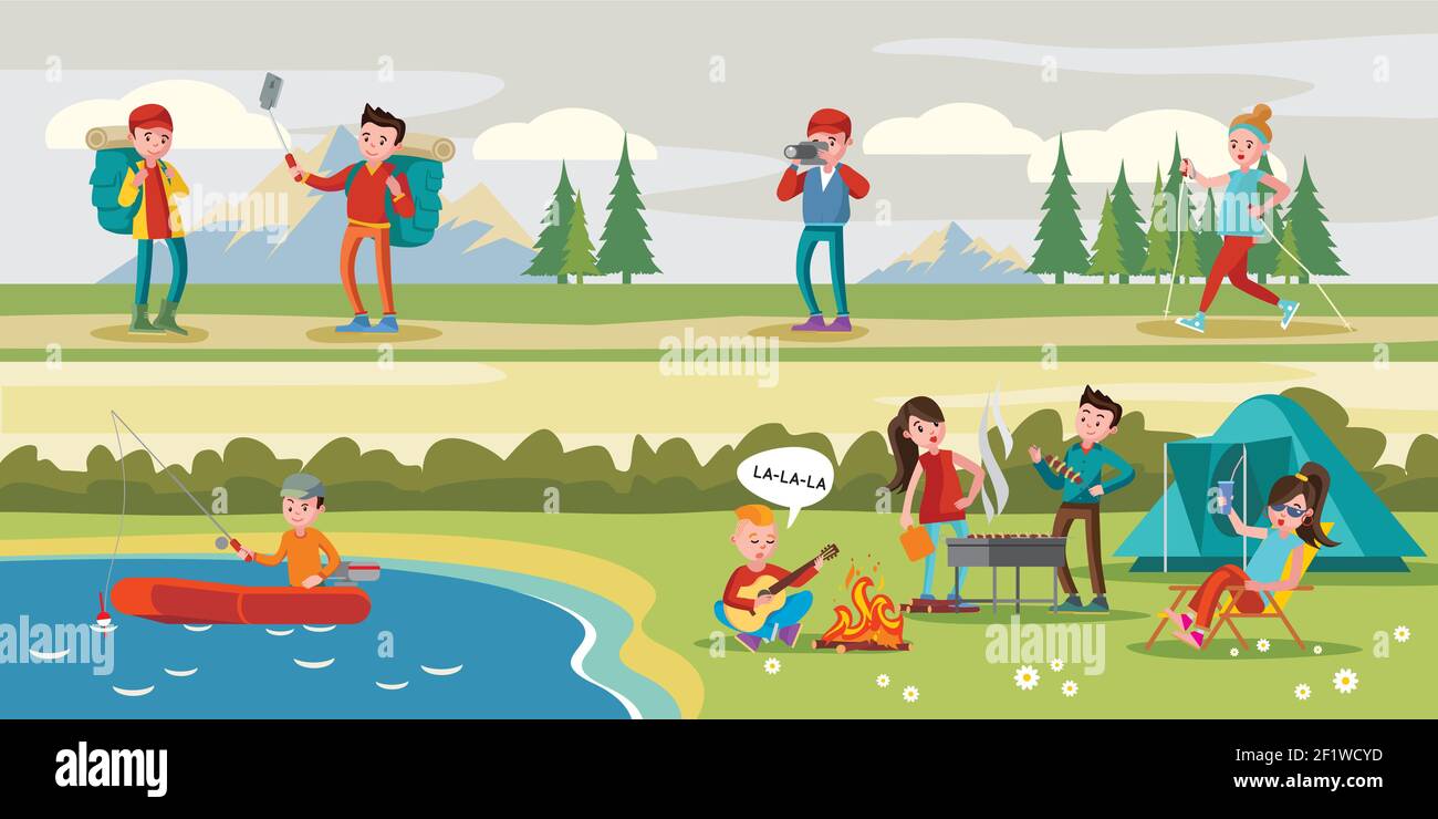Traveling camping horizontal banners with various entertainments and ...