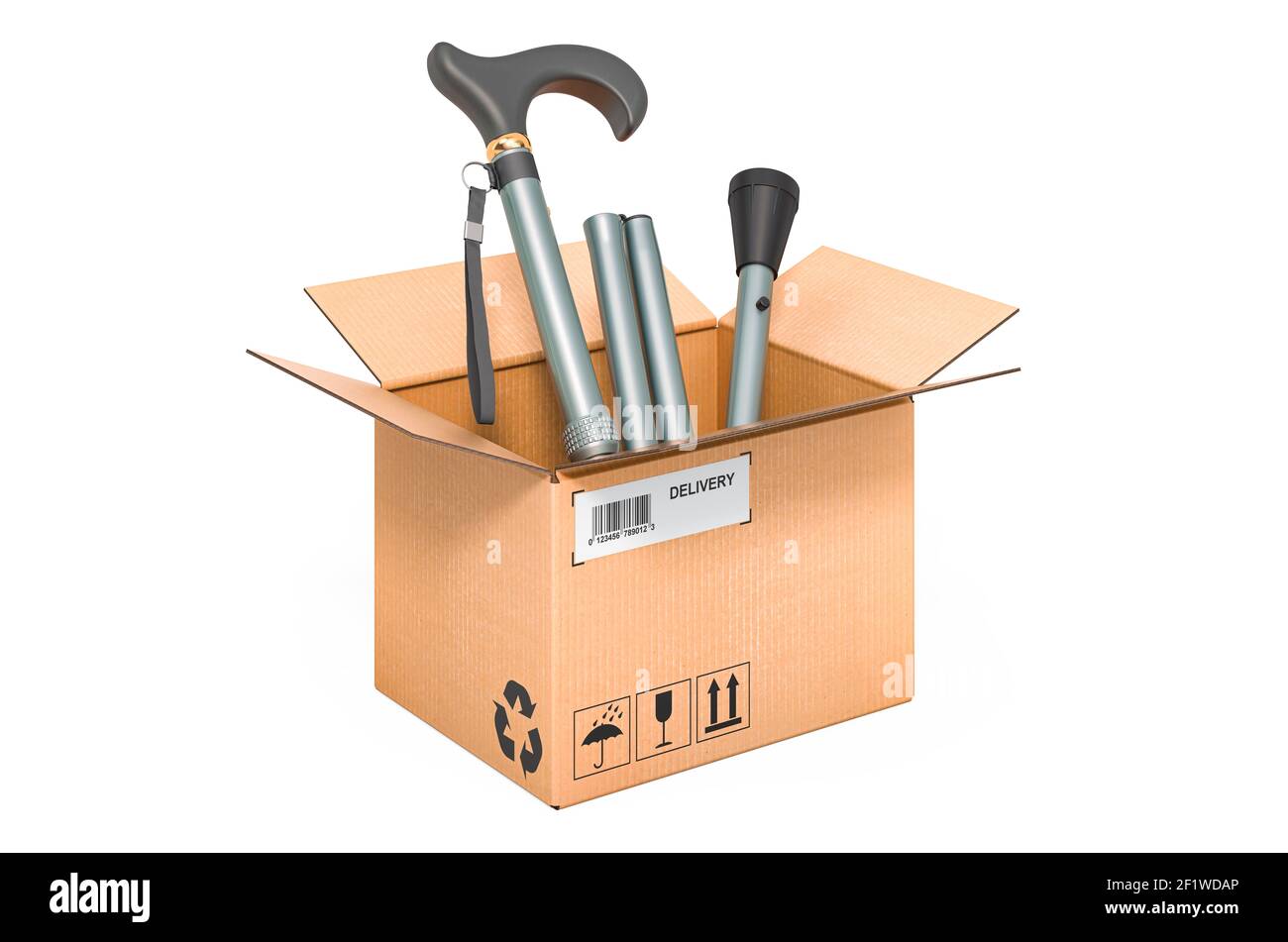 Folding cane, walking stick inside cardboard box, delivery concept. 3D ...
