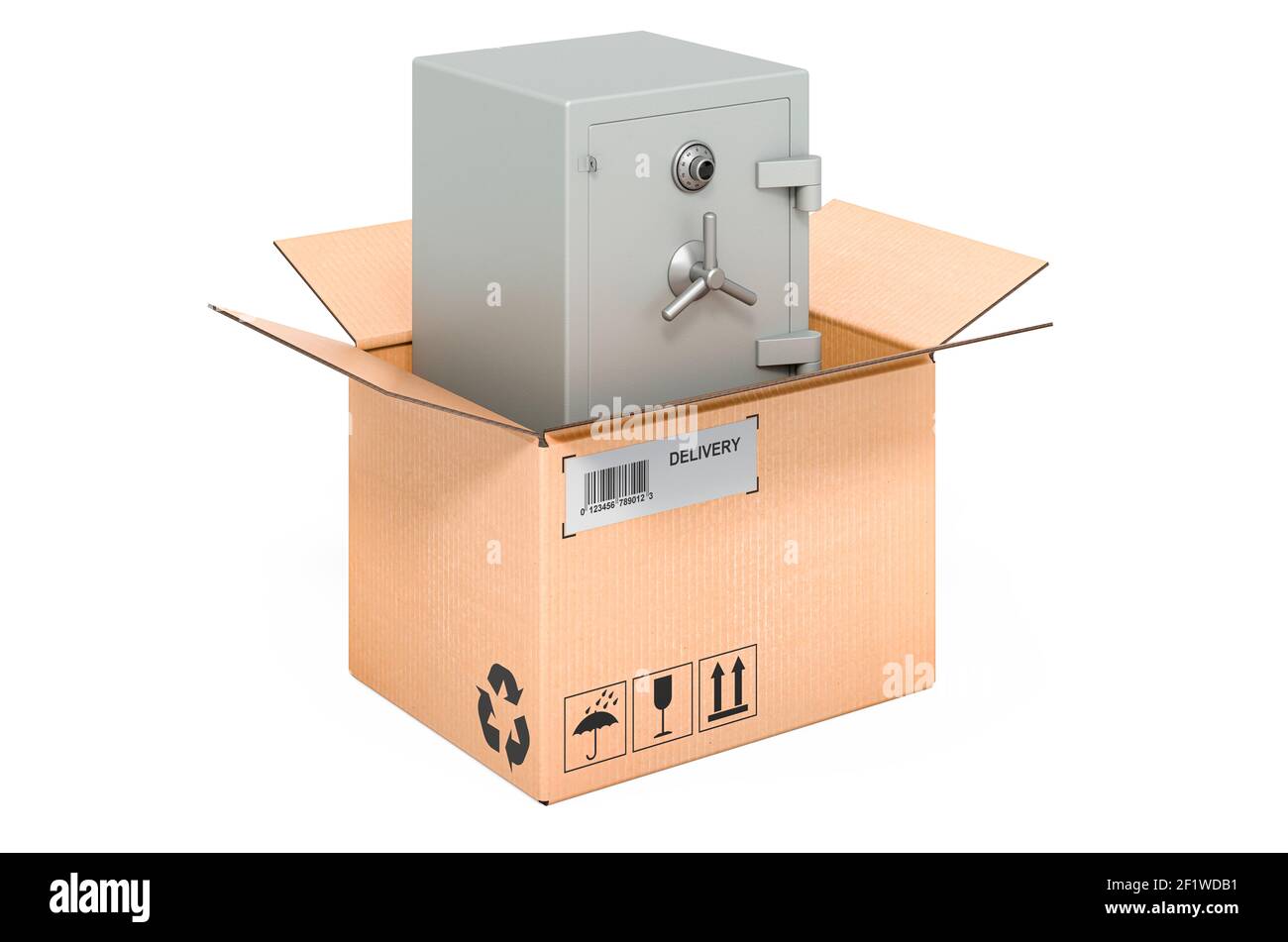 Combination Safe Box inside cardboard box, delivery concept. 3D ...