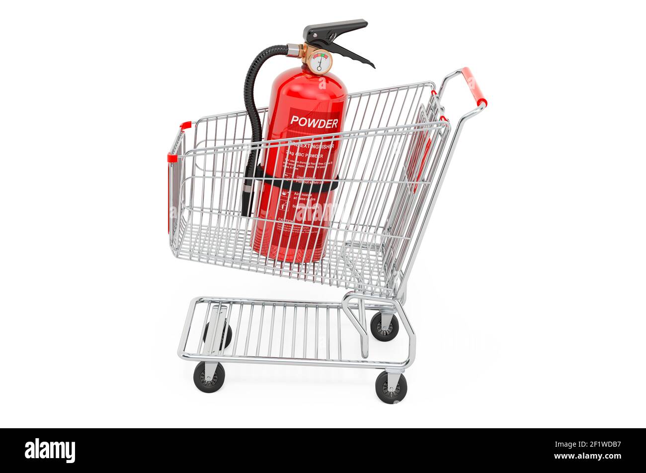 Shopping cart with fire extinguisher, 3D rendering isolated on white ...