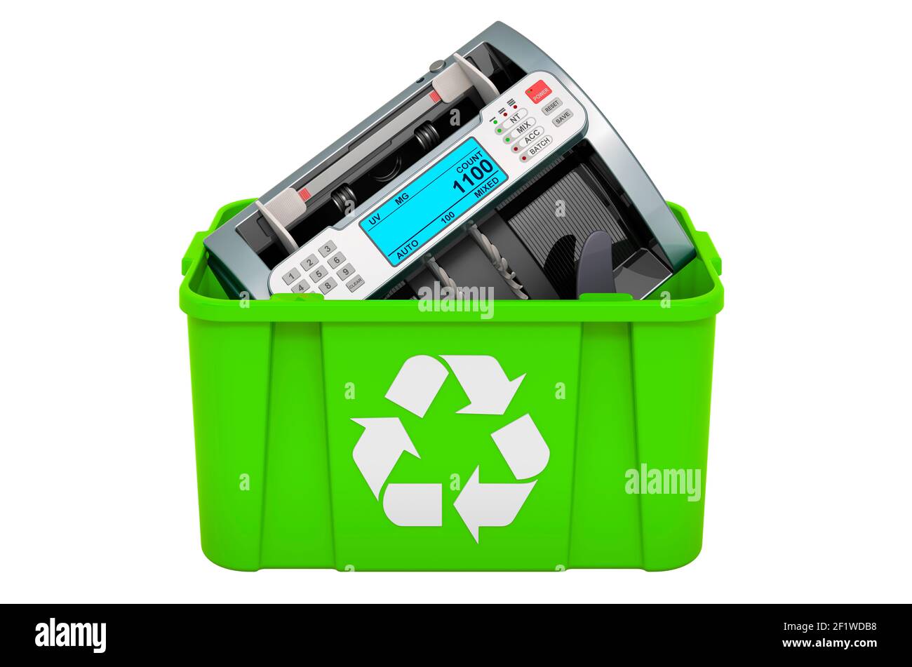 Recycling trashcan with currency counter, 3D rendering isolated on ...